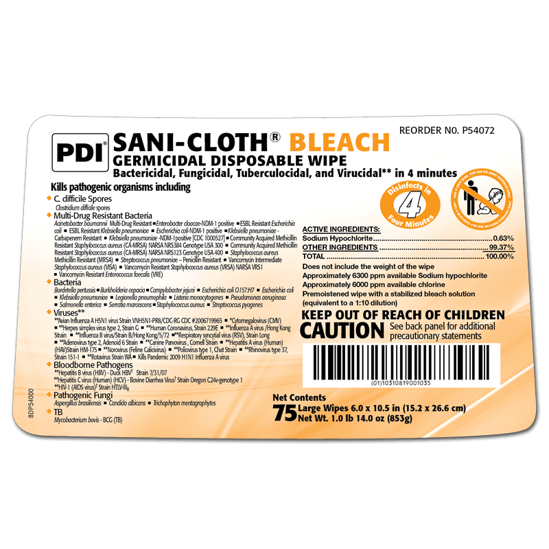 Sani-Cloth® Bleach Germicidal Disposable Wipe - PDI Healthcare